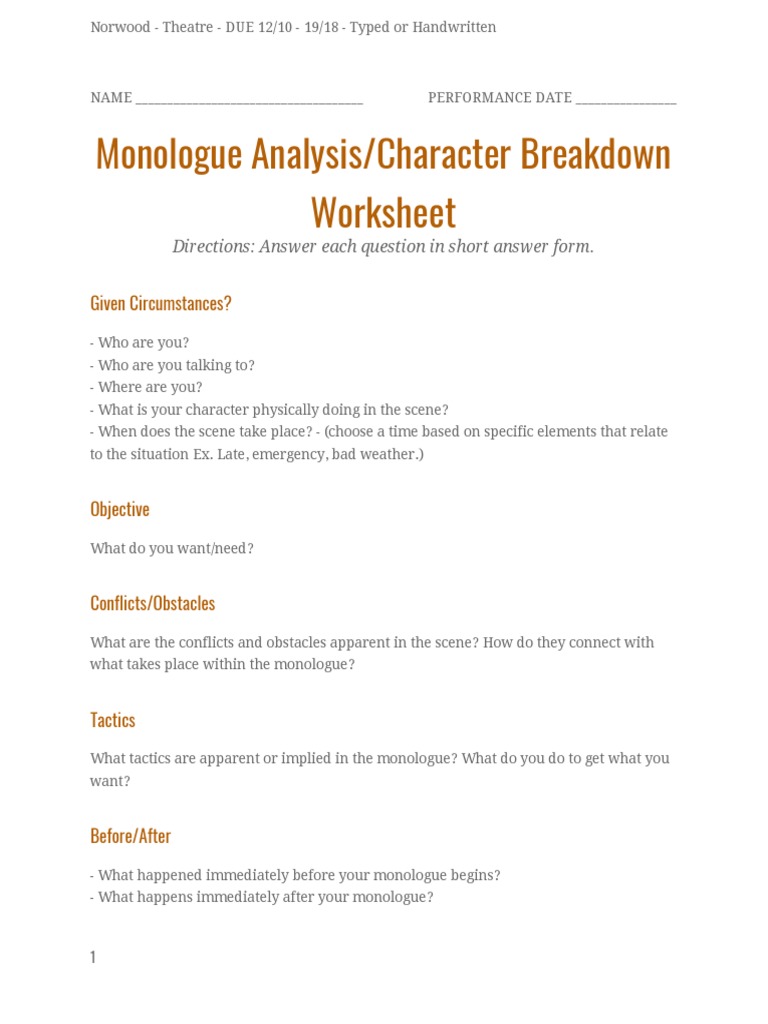 Monologue Worksheet Girls