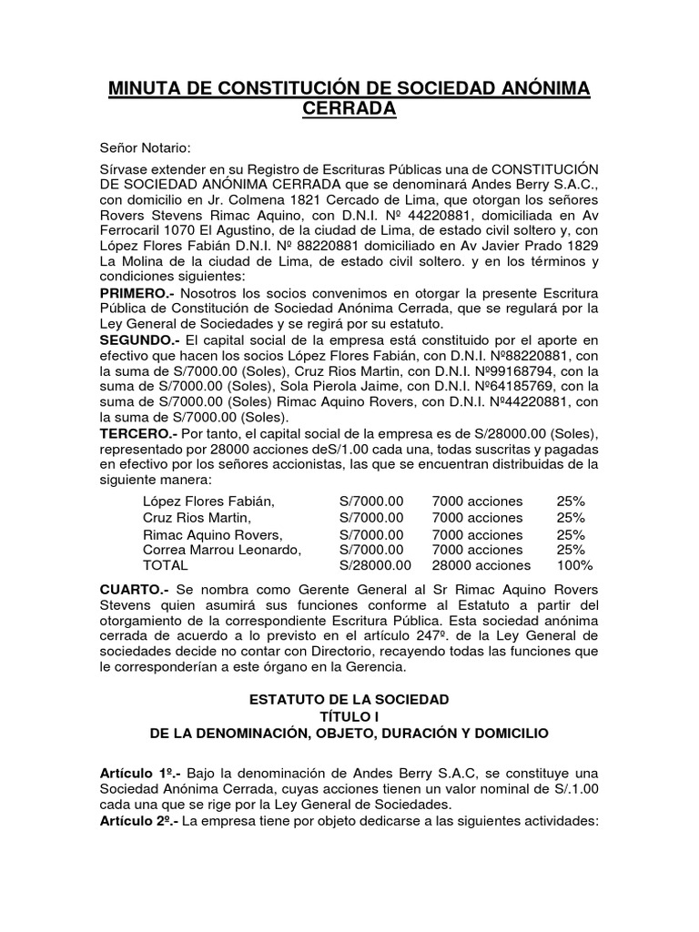 Constitución de Andes Berry S.A.C. | PDF | Bancos | Sociedad de ...