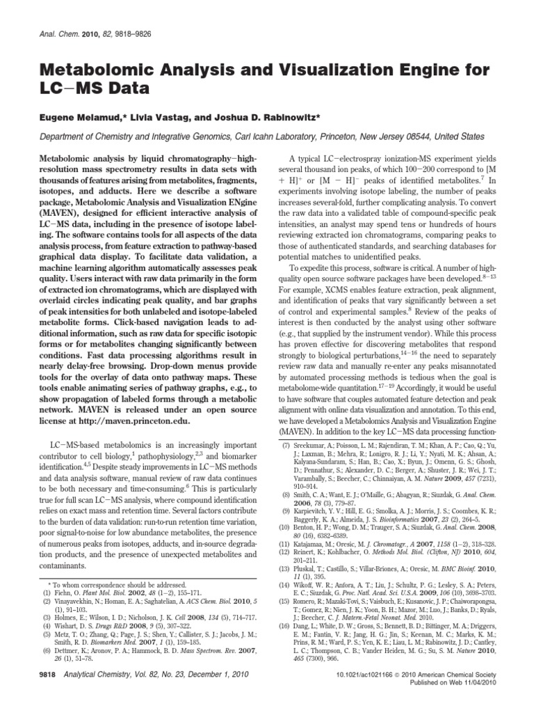 Metabolomic Analysis and Visualization Engine For LC-MS Data | PDF | Metabolomics | Isotopic ...