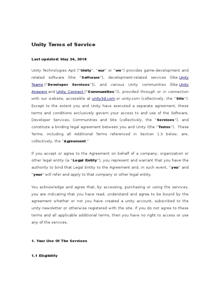 Unity Terms of Service: Unity Teams Unity Answers Unity Connect | PDF ...