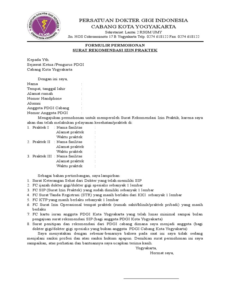 Form Permohonan Surat Rekomendasi SIP | PDF