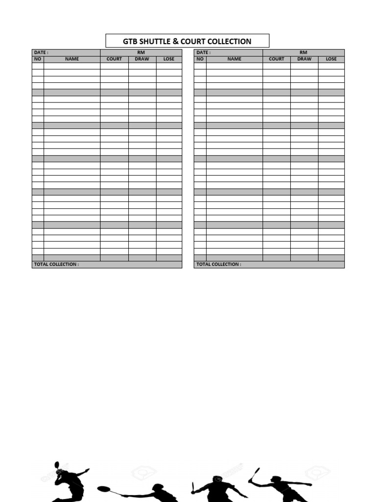 GTB Shuttle & Court Collection: Date: RM NO Name Court Draw Lose Date ...