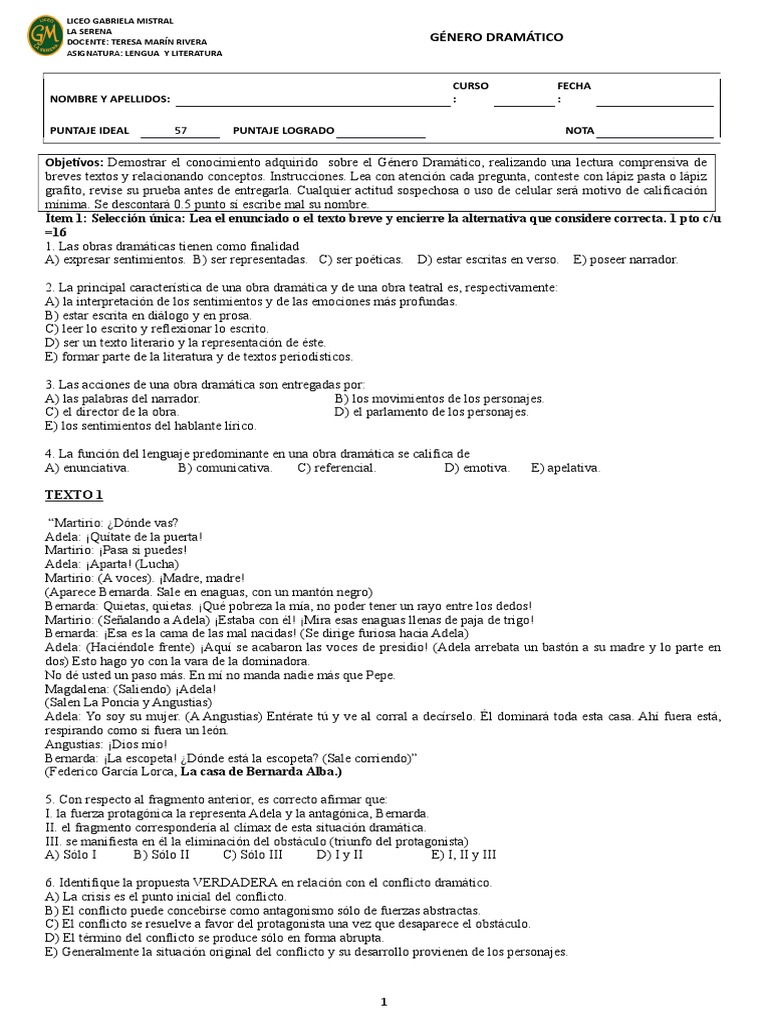 Prueba Genero Dramatico | PDF | Teatro | Entretenimiento (general)