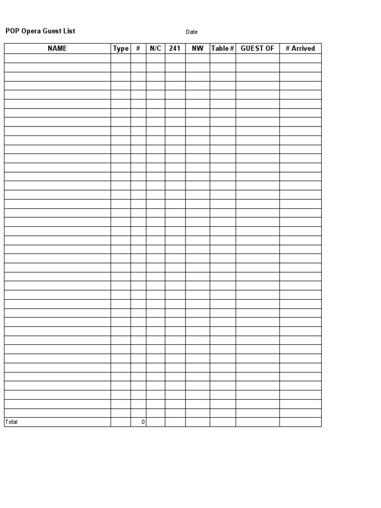 POP Opera Guest List Name Type # N/C 241 NW Table # Guest of # Arrived ...