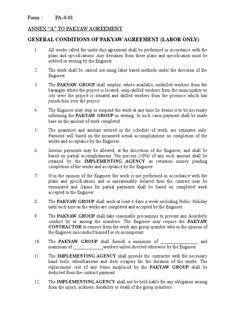 Pakyaw Agreement Annex A | PDF | Engineer | Business Law