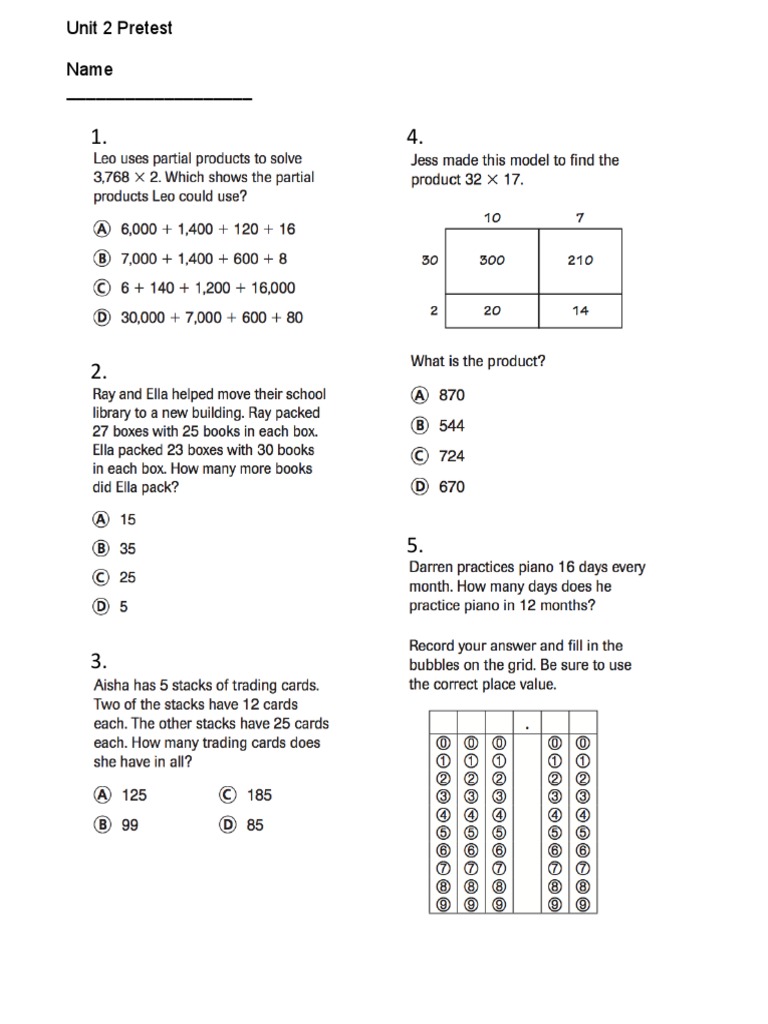 4 Grade Math Unit 2 Test 1. 4.: Name: - Date | PDF