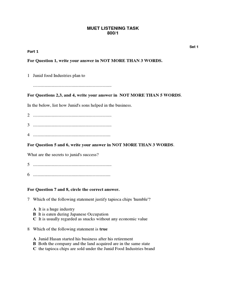 MUET LISTENING TASK Lower 6 | PDF | Textiles | Question