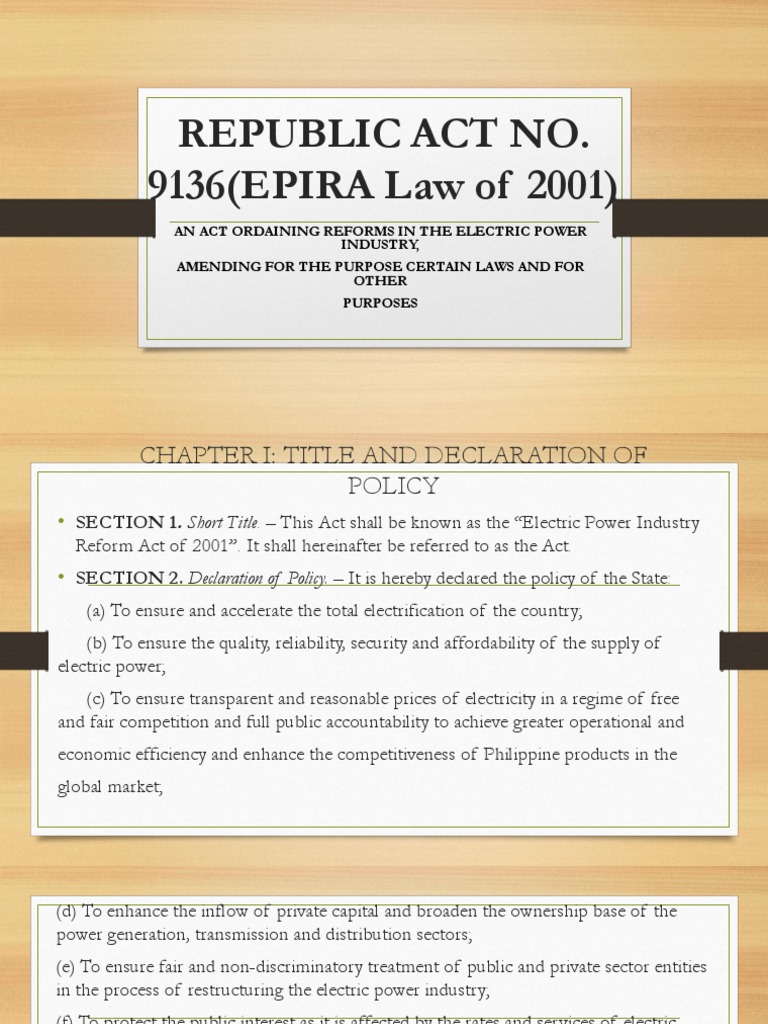 Epira Law Ppt | Electric Power Transmission | Electric Power Industry