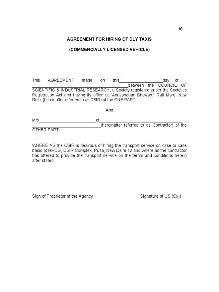 Agreement Taxi Hiring | PDF | Indemnity | Identity Document
