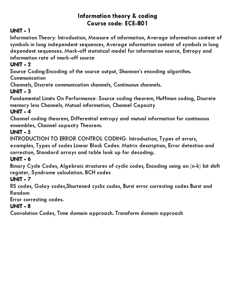 Information Theory & Coding Course Code: ECE-801: Unit - 1 | PDF | Code ...