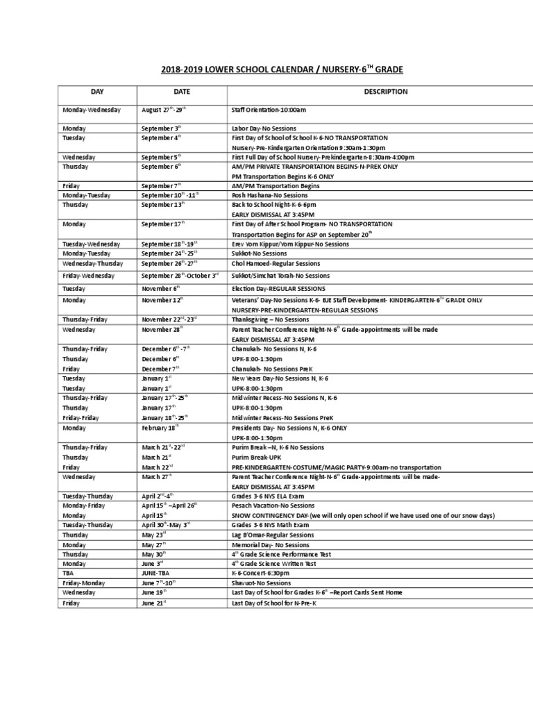 School Calendar 2018-2019 | Download Free PDF | Jewish Belief And ...