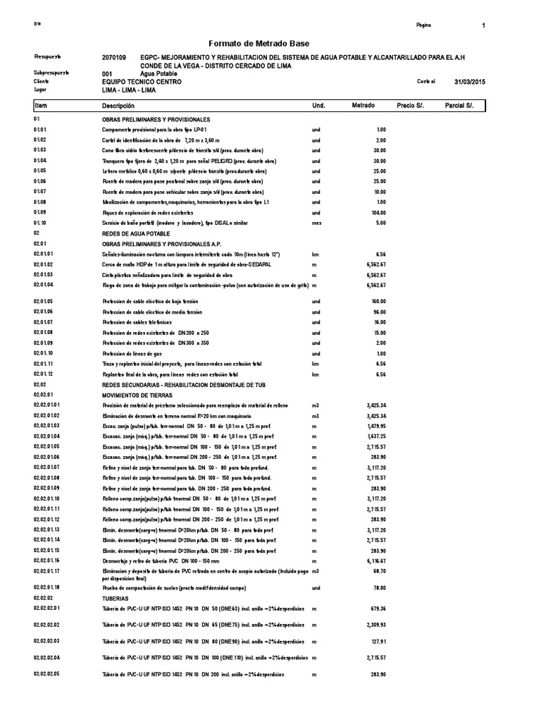 01 Metrado Base Agua Potable | PDF | Tubería (transporte de fluidos) | Ingeniero civil