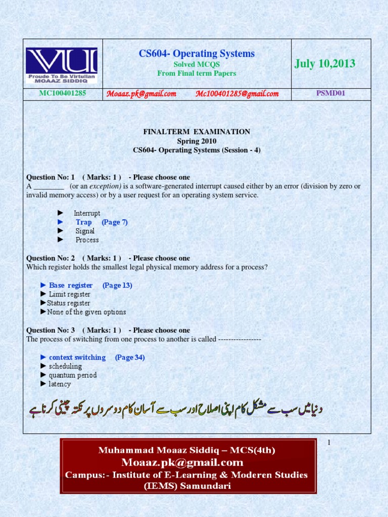 CS604 Operating Systems 2010 Final Term Past Papers Mcqs Solved With References by Moaaz | PDF ...
