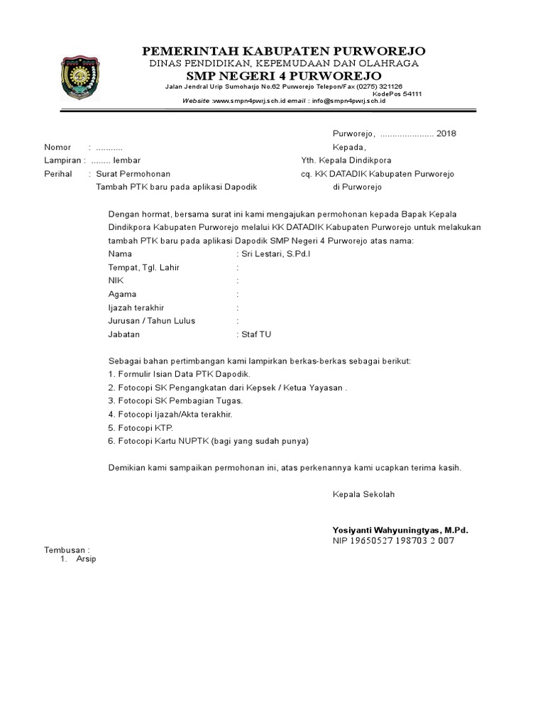 Format Surat Penambahan PTK Baru Di Dapodik | PDF