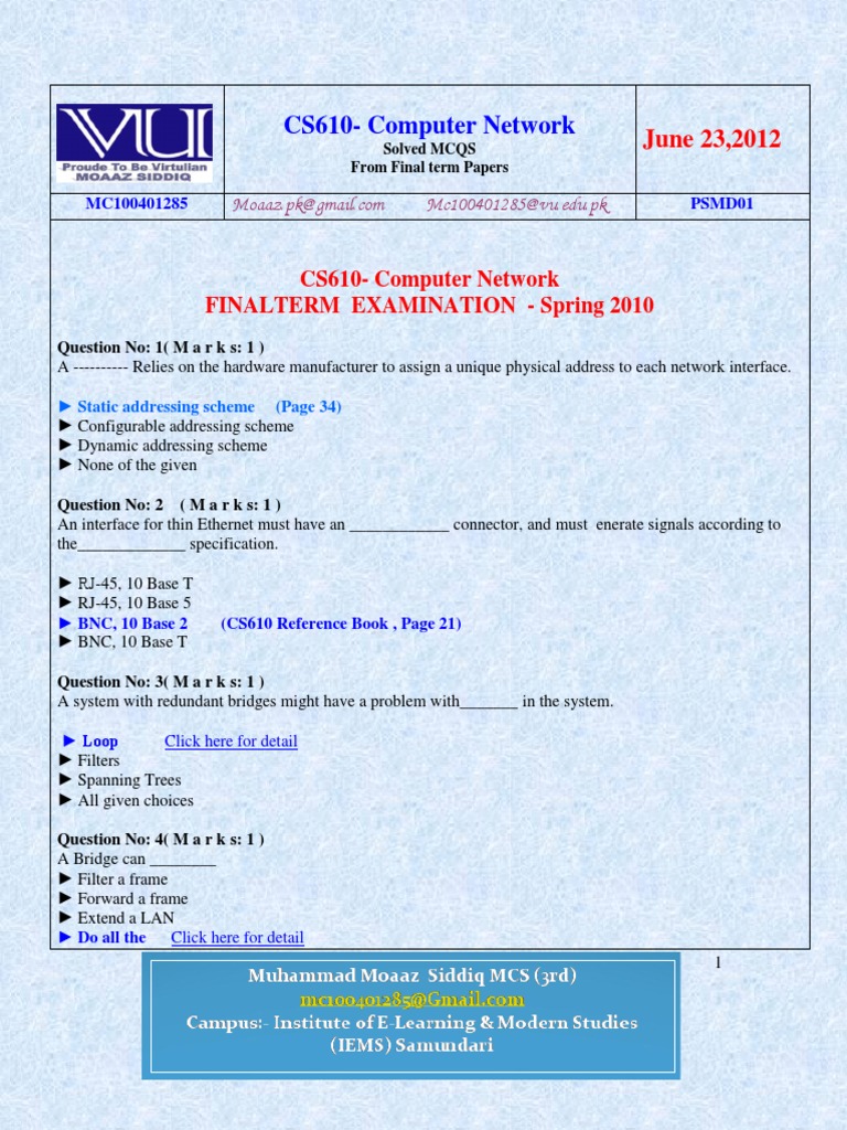 CS610 Computer Network 2010 Final Term Mcqs Solved With References by Moaaz | PDF | Internet ...
