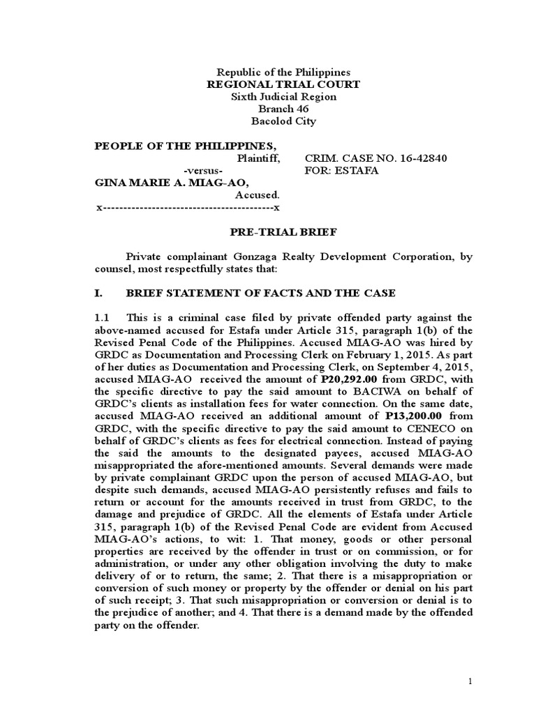 Sample Pre-Trial Brief - Criminal Case For Estafa | PDF | Fraud | Public Sphere