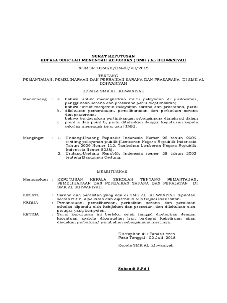 SK Pemantauan Pemeliharaan Perbaikan Sarana Dan Peralatan | PDF ...