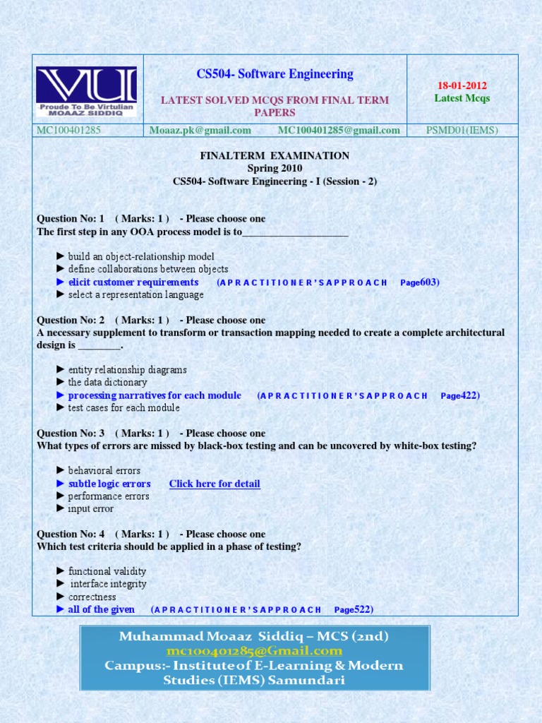 CS504 Software Engineering-1 2010 Final Term Mcqs Solved With References by Moaaz | PDF ...