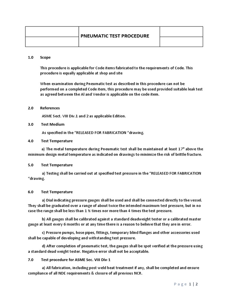 Pneumatic Testing Procedure and Criteria | PDF | Leak | Calibration