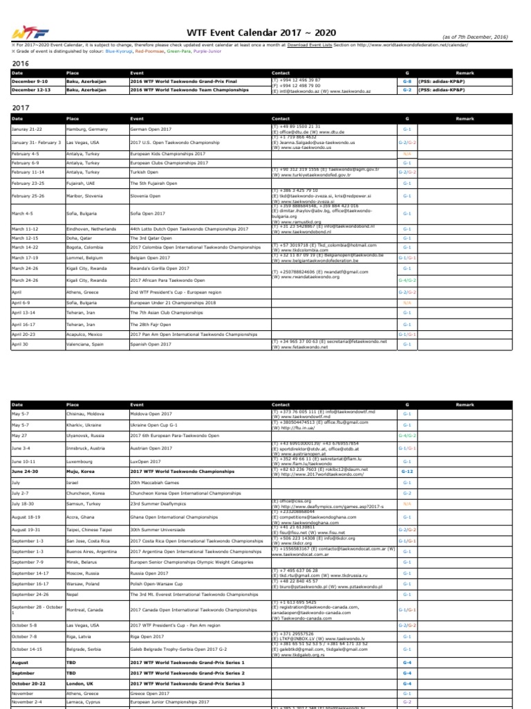 WTF Event Calendar 2017 2020: Blue-Kyorugi | PDF