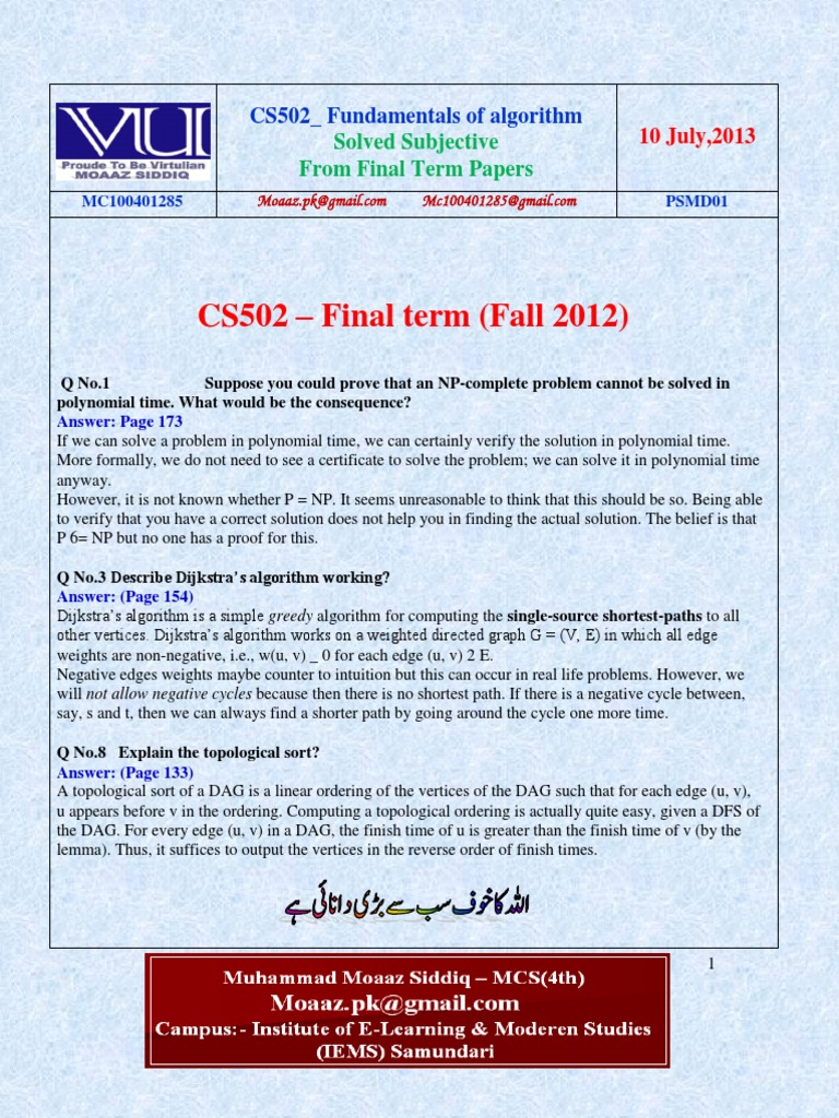 CS502 Fundamentals of Algorithms 2013 Final Term Questions Answers ...