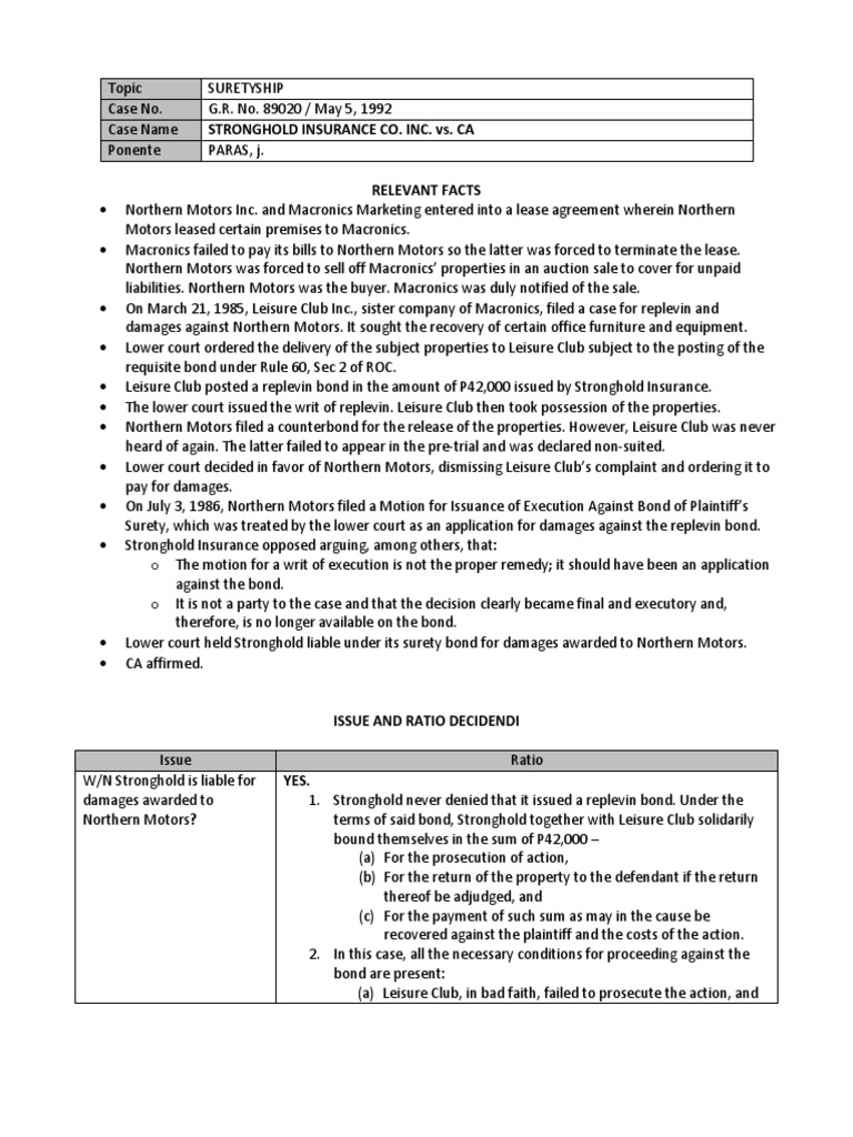 Insurance Company Held Liable Under Replevin Bond for Damages Awarded ...
