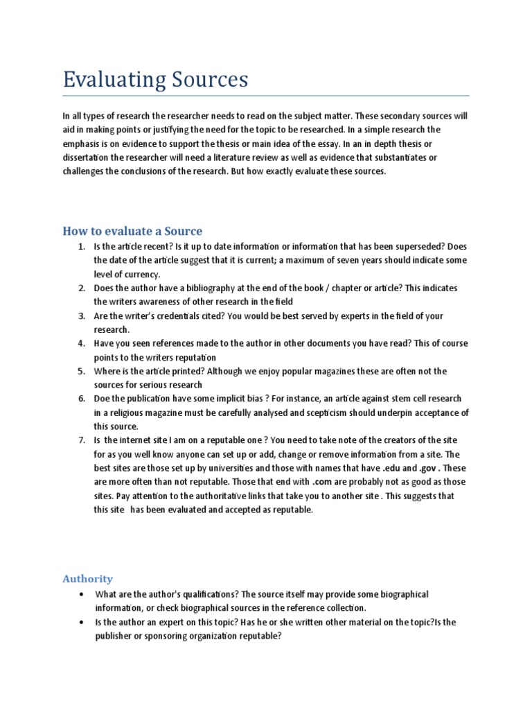 Evaluating Sources: How To Evaluate A Source | PDF | Thesis | Academic ...
