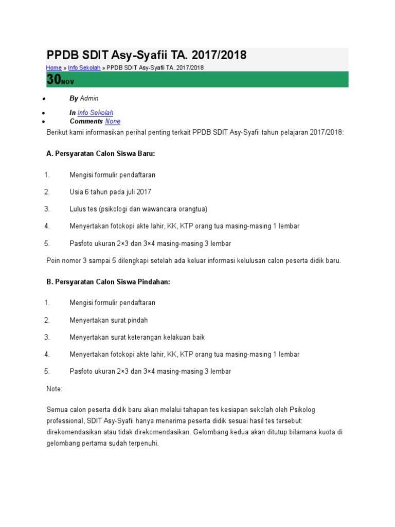 PPDB SDIT Asy-Syafii 2017/2018 | PDF