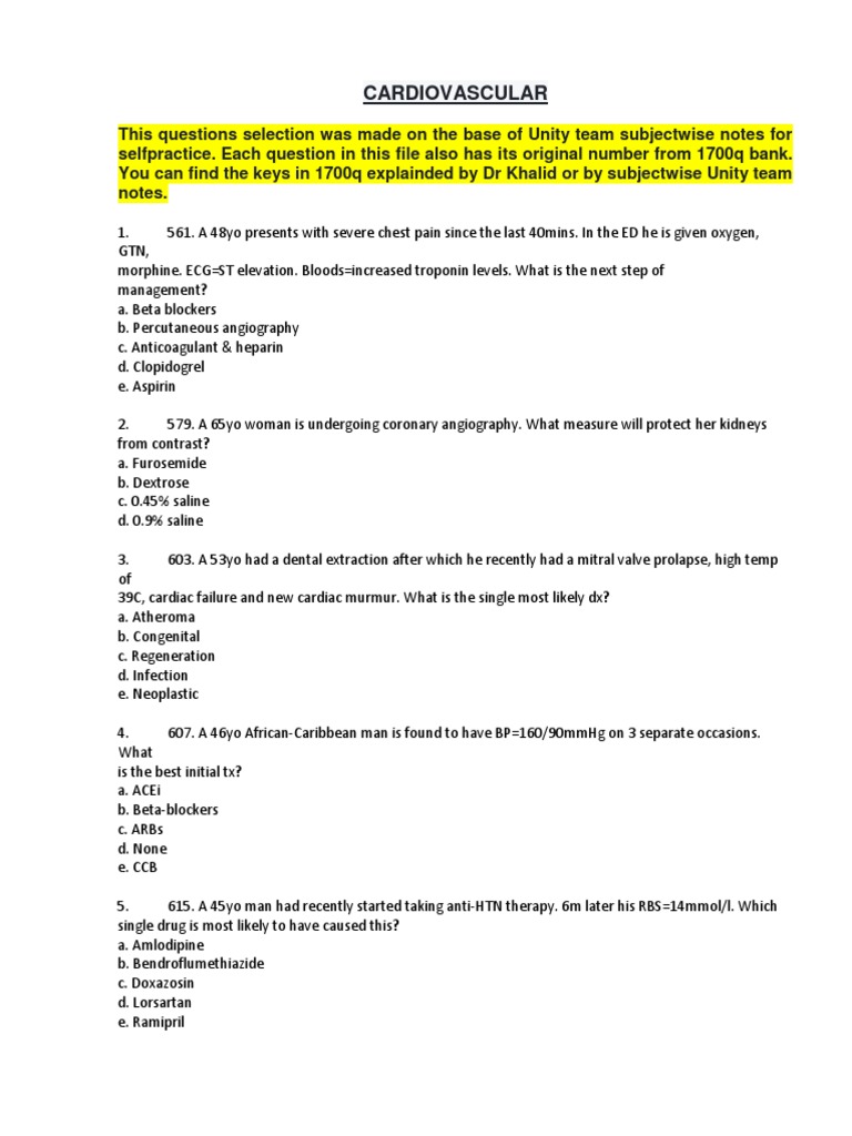 Cardiovascular Management Questions | PDF | Heart | Coronary Circulation