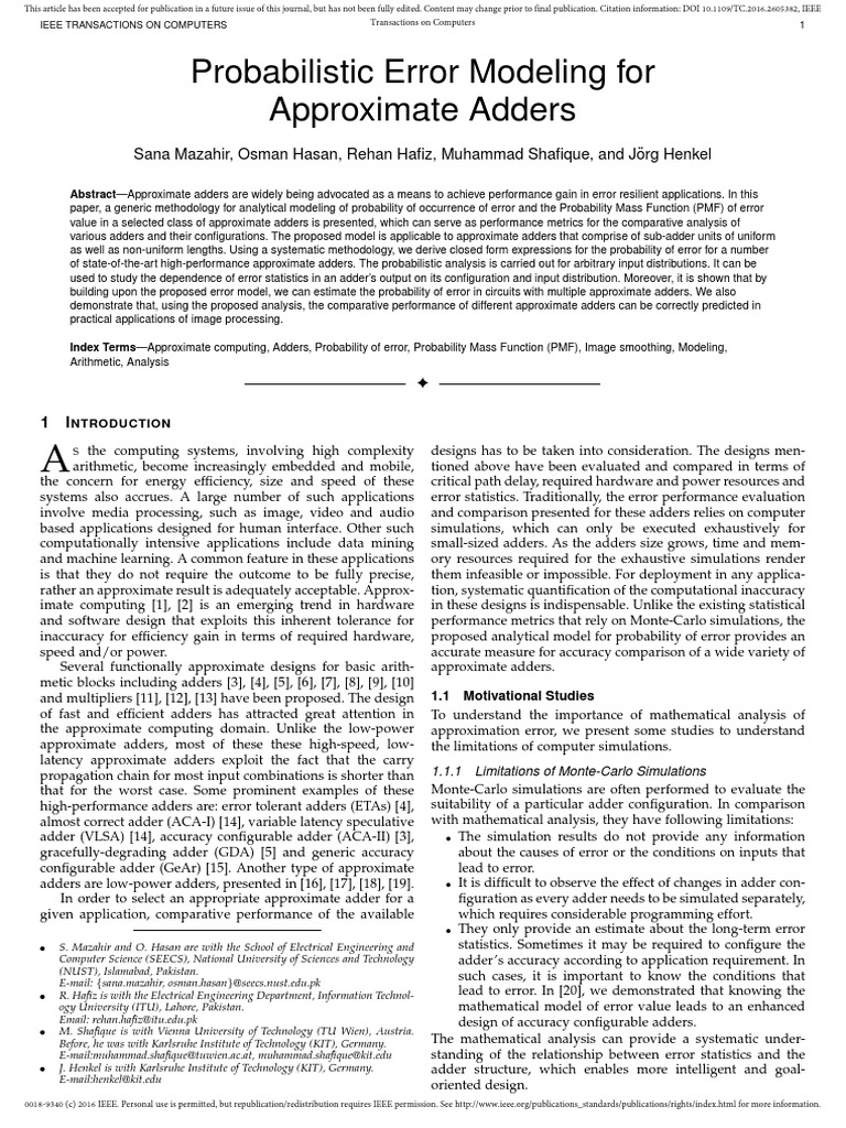 Probabilistic Error Modeling For Approximate Adders | PDF | Computer Simulation | Mathematical Model