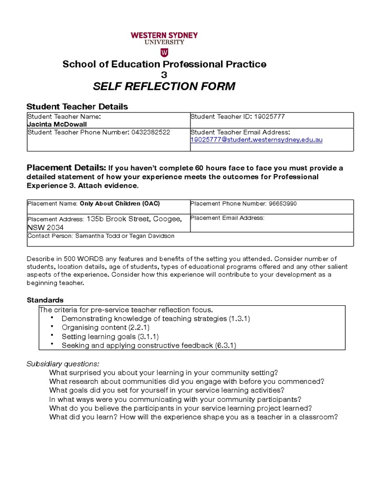pp3 Self Reflection Form-2 | Download Free PDF | Service Learning ...