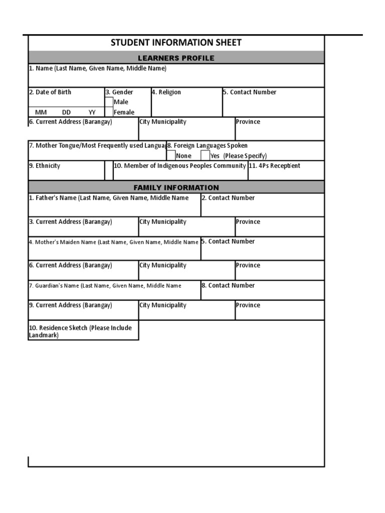 Student Information Sheet: 4. Mother's Maiden Name (Last Name, Given ...