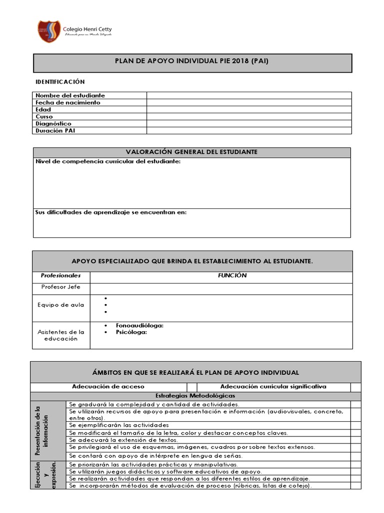 Ejemplo de Plan de Apoyo Individual (PAI) | PDF | Aprendizaje | Maestros