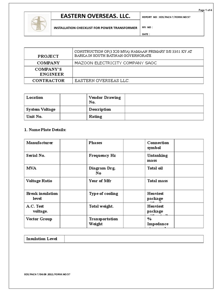 57-Power Transformer Installation Checklist | PDF | Transformer ...