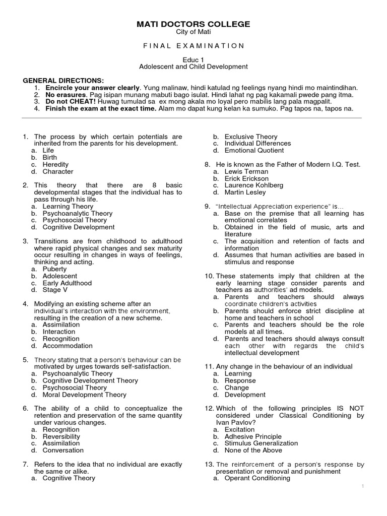 Educ 1 - Final Exam | PDF | Thought | Developmental Psychology