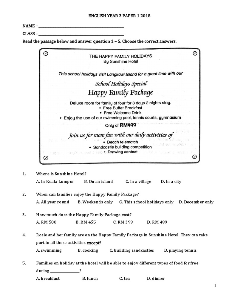 Year 3 English Exam Paper 2018 | PDF | Cooking | Food And Drink