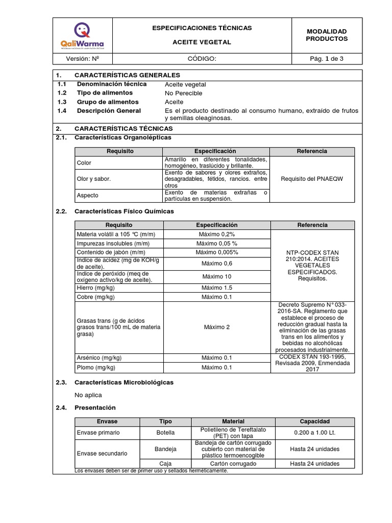 Ficha Tecnica Del Aceite | PDF | Petróleo | Análisis de Riesgo y Puntos Críticos de Control