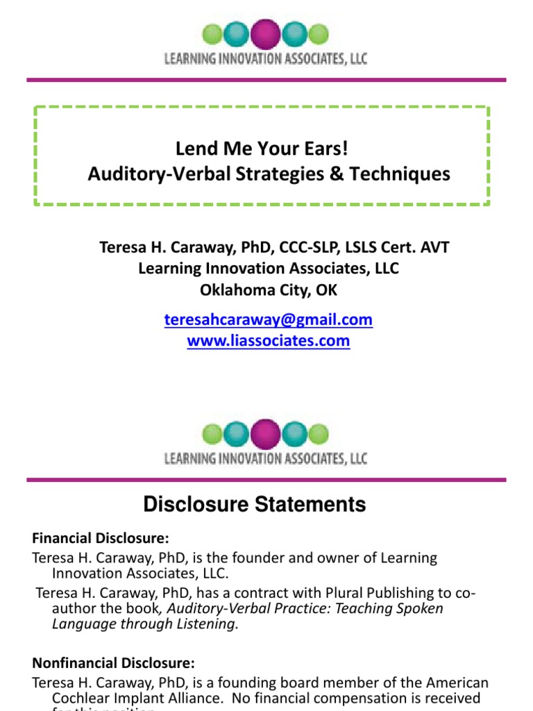1269 Lend Me Your Ears Auditory Verbal Strategies and Techniques | PDF ...