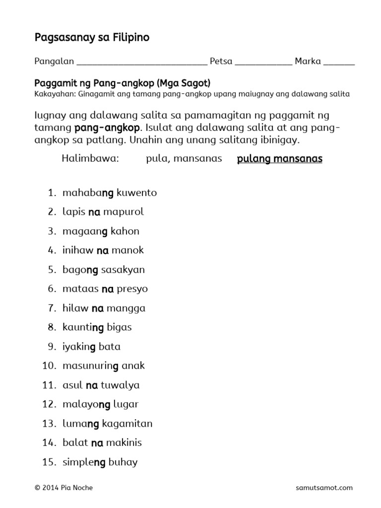 Mga Sagot Sa Paggamit NG Pang Angkop 1 | PDF