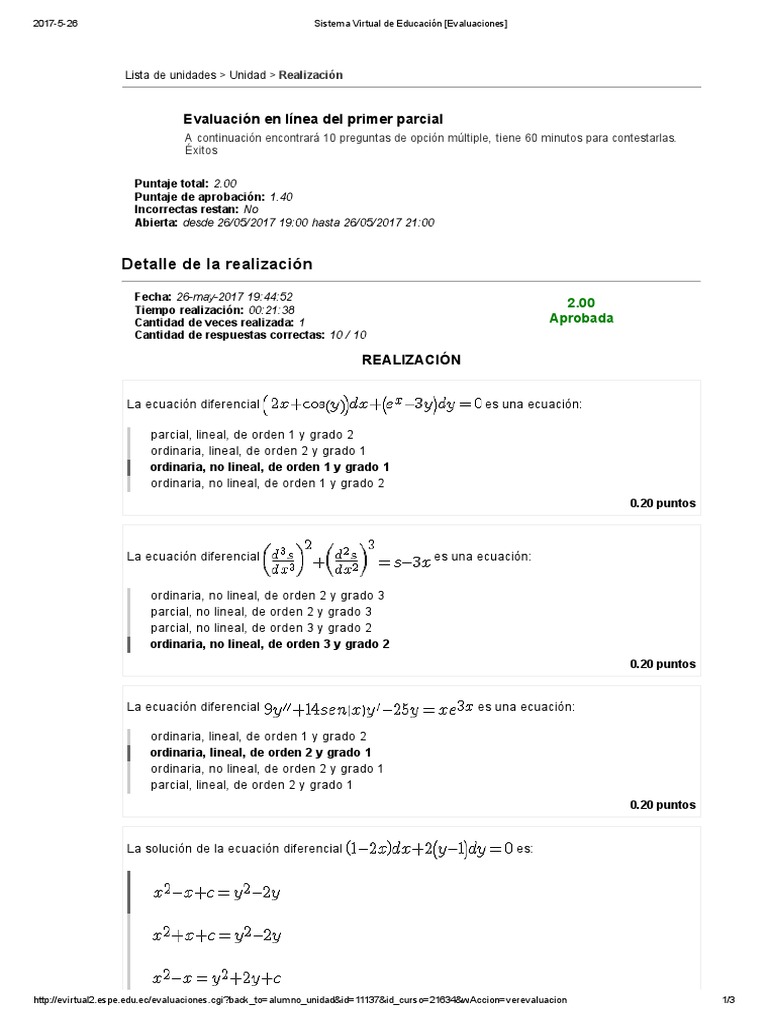 1 (2) Prueba en Linea Edo | PDF | Ecuaciones diferenciales | Sistema no lineal