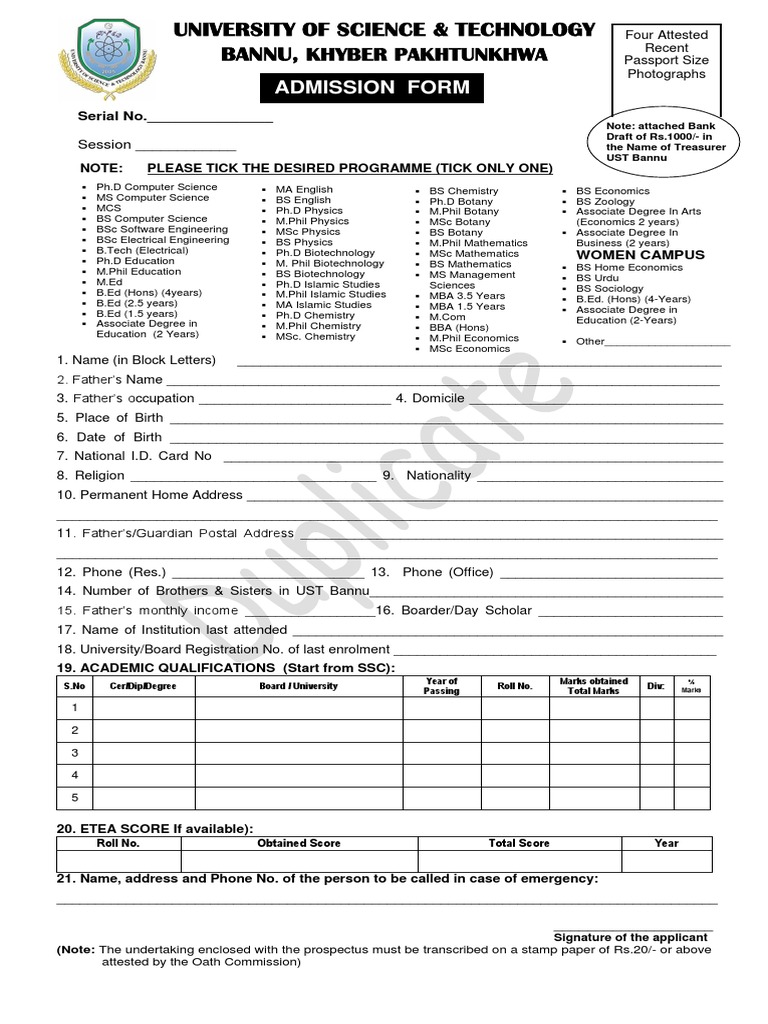 University Admission Form | PDF | Bachelor Of Science | Master Of Science