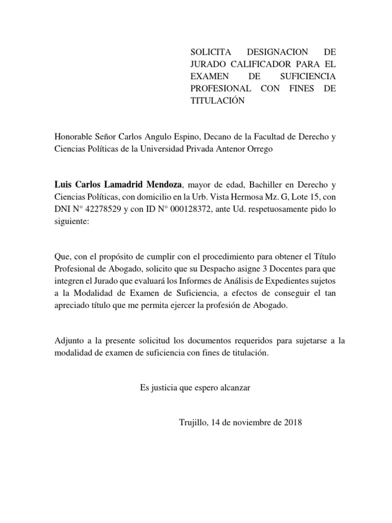 Solicita Designacion de Jurado Calificador para El Examen de Suficiencia Profesional Con Fines ...