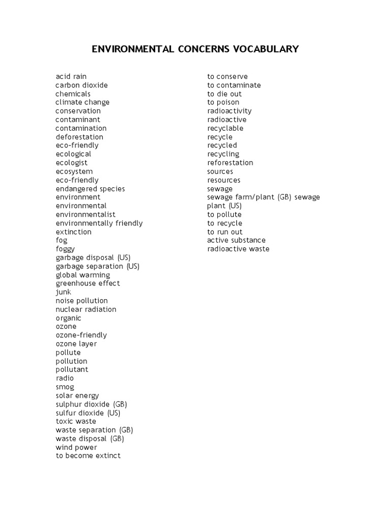 Environmental Concerns Vocabulary | PDF | Environmentalism | Pollution