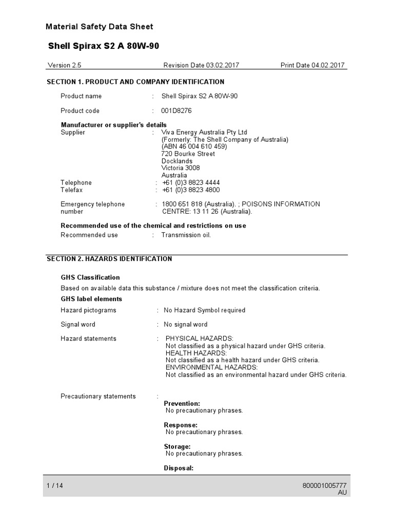 Shell Spirax S2 A 80W-90: Material Safety Data Sheet | PDF | Personal ...