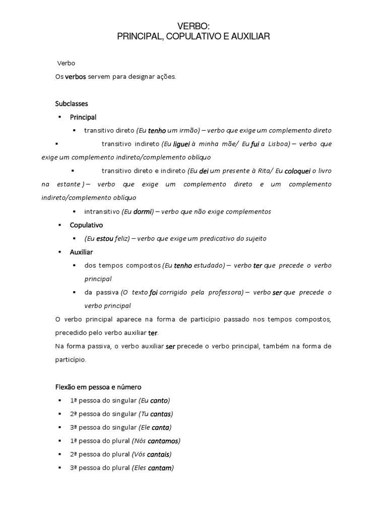 VERBO: PRINCIPAL, COPULATIVO E AUXILIAR
