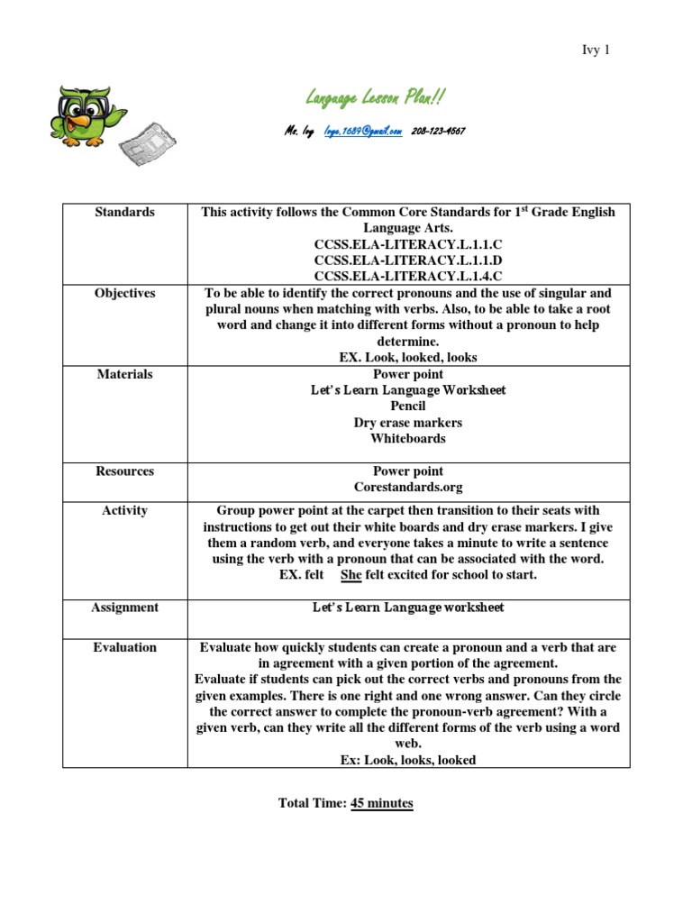 1st Grade Pronoun and Verb Lesson Plan | PDF