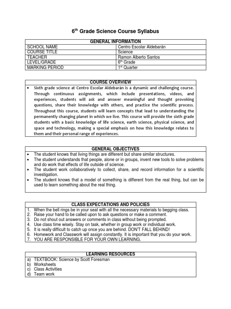 6th Grade Science Course Syllabus | PDF | Homework | Science