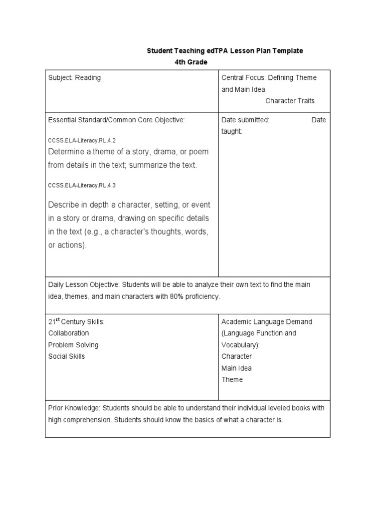 Student Teaching Edtpa Lesson Plan Template 4Th Grade: Ccss - Ela ...