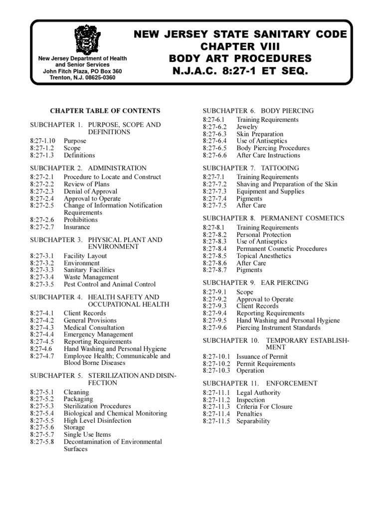 New Jersey State Sanitary Code Body Art Procedures N.J.A.C. 8:27-1 ET ...