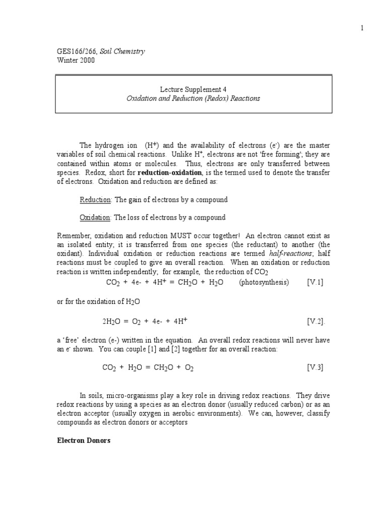 Oxidation and Reduction (Redox) Reactions: Electron Donors | PDF ...
